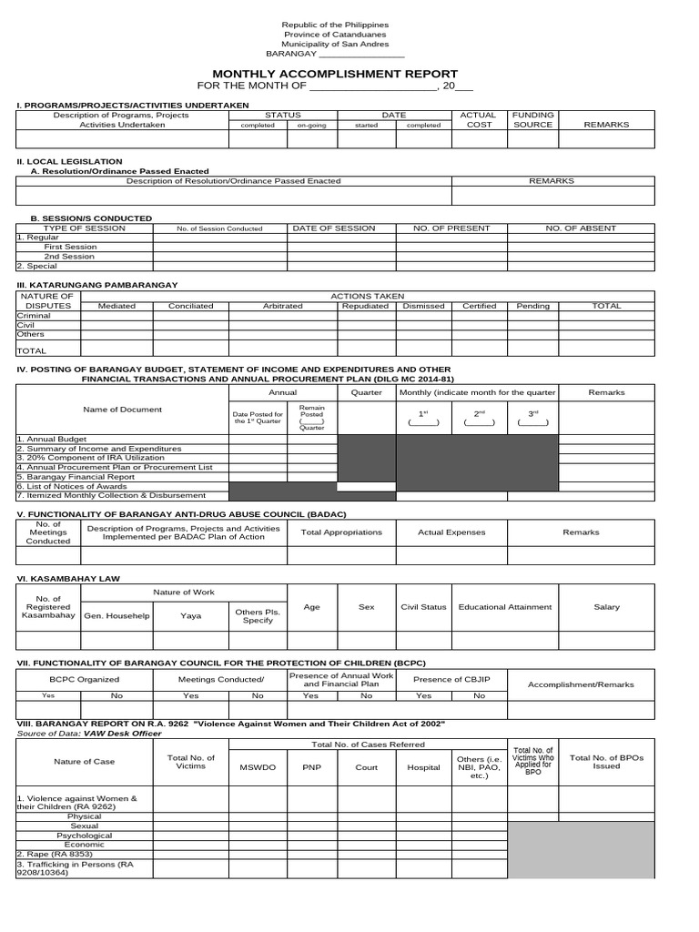 Barangay Monthly Accomplishment Report | PDF | Expense | Justice