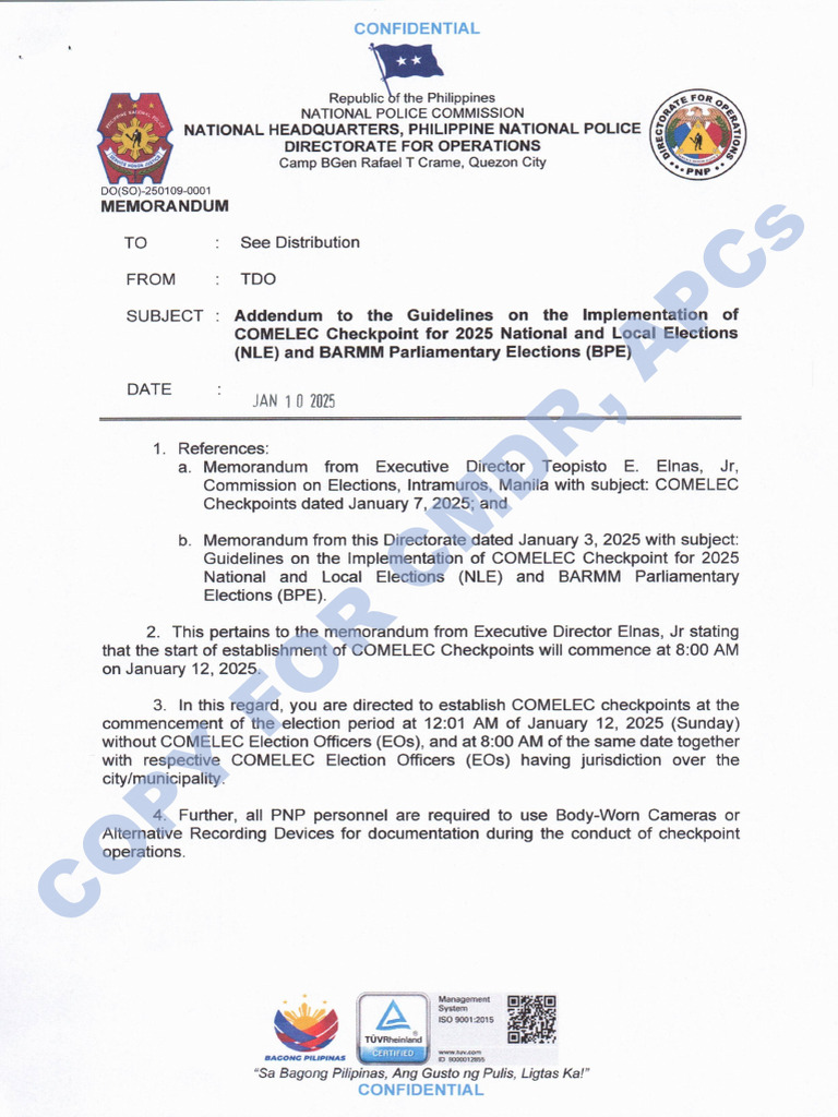 Addendum To The Guidelines On The Implementation of Comelec Checkpoint ...