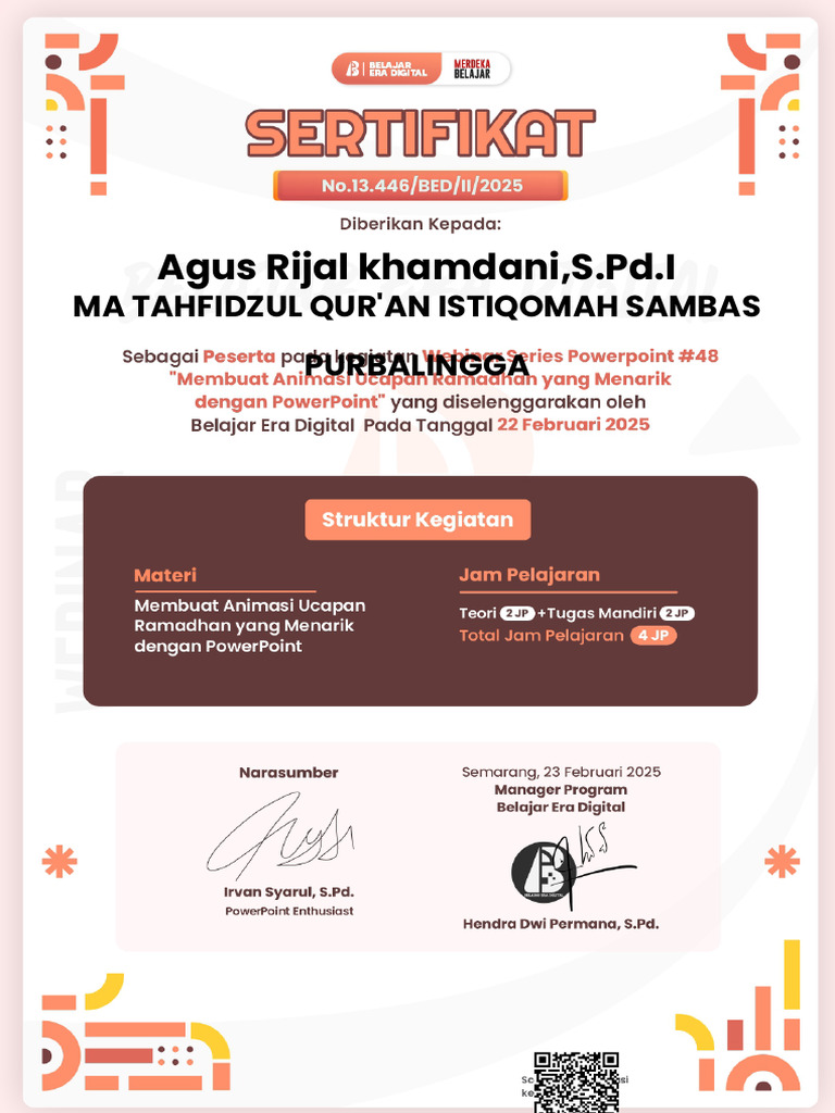 Sertifikat - Agus Rijal Khamdani, S.Pd.I | PDF