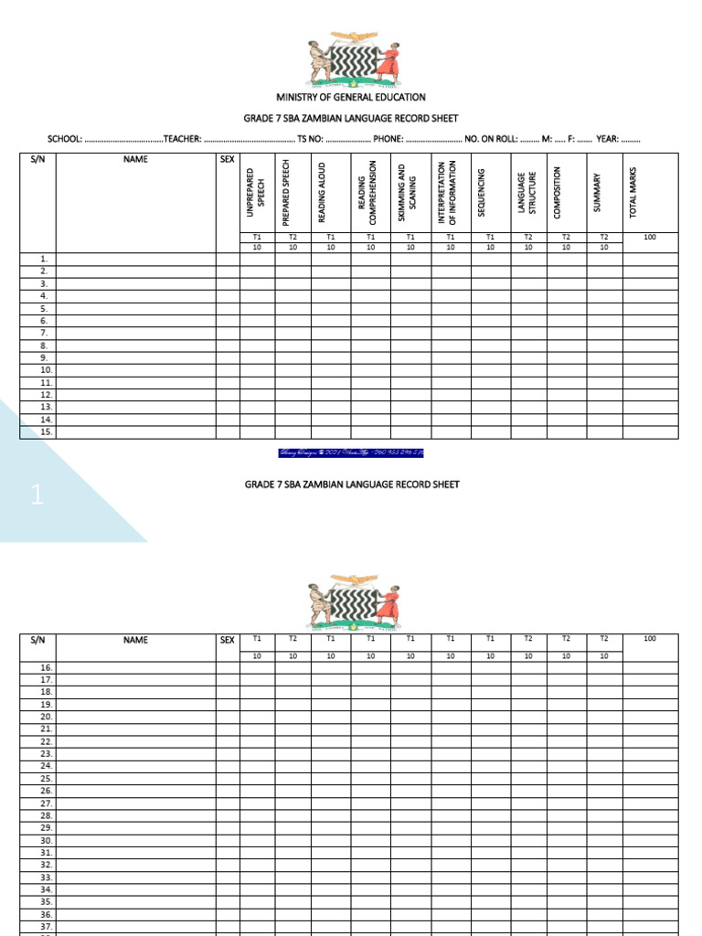 Grade 7 SBA Record Sheet Zambia | PDF | Reading (Process) | Learning Methods