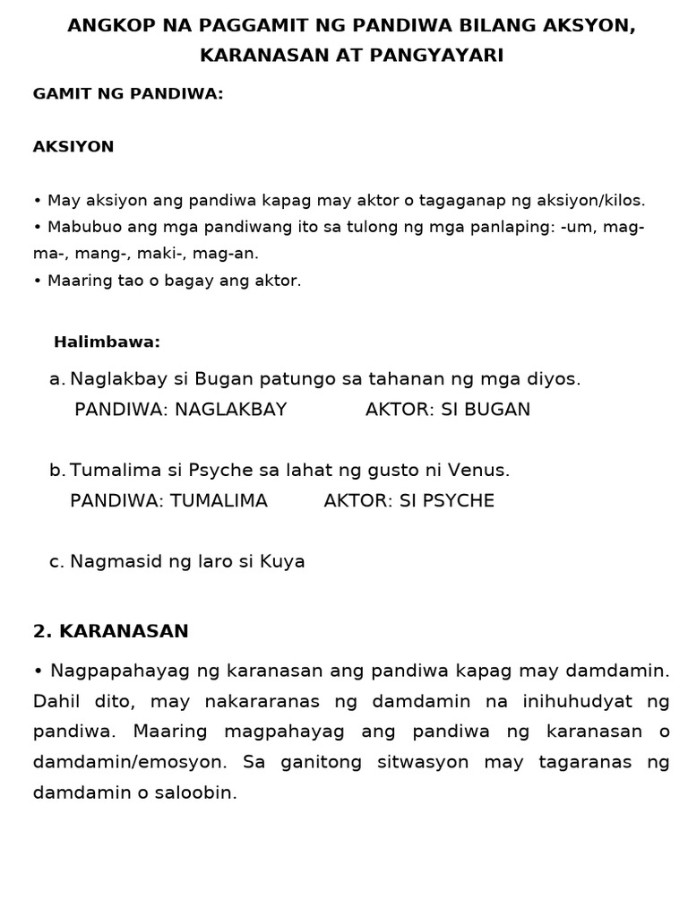 ANGKOP NA PAGGAMIT NG PANDIWA BILANG AKSYON | PDF ANGKOP NA PAGGAMIT NG PANDIWA BILANG AKSYON | PDF