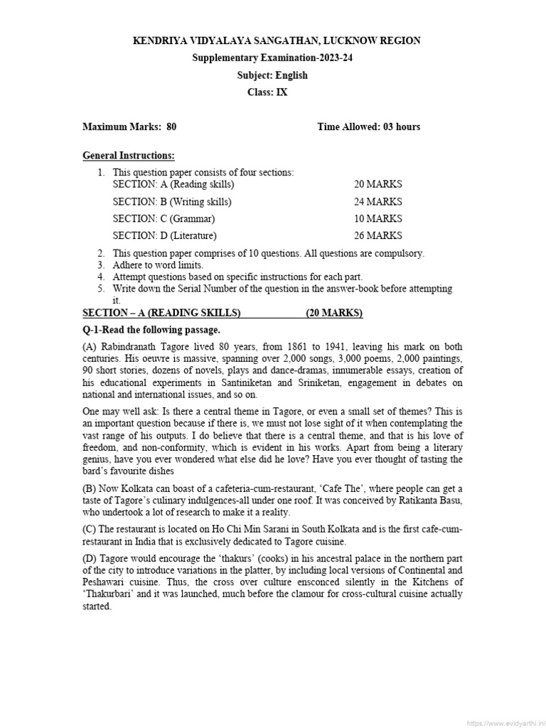 Cbse Class 9 English Previous Year Question Paper 2023 24 Supplymentary ...