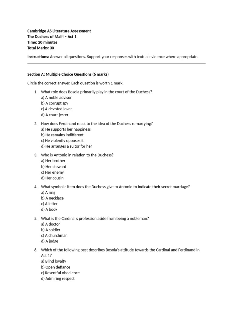 The Duchess of Malfi: Act 1 Analysis | PDF