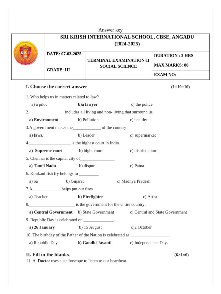 Grade 3 SOCIAL ANSWER KEY | PDF