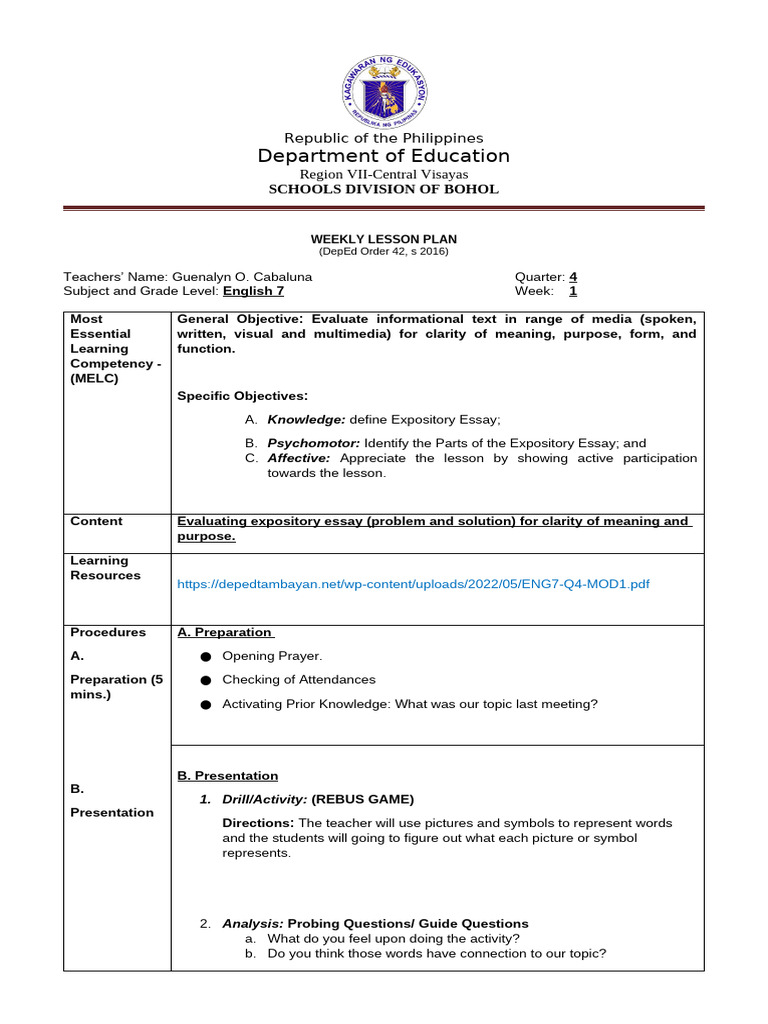 Weekly Lesson Plan: Expository Essay for Grade 7 | PDF | Essays | Learning
