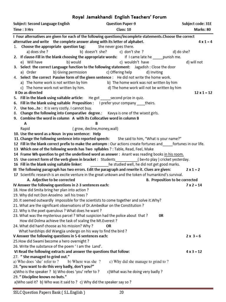 10th STD SL English Model Question Paper-9 2023-24 by Royal Jamakhandi ...
