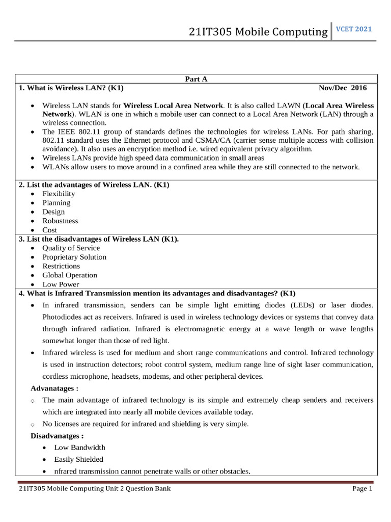 UNIT 2 Wireless Networks Question Bank | PDF