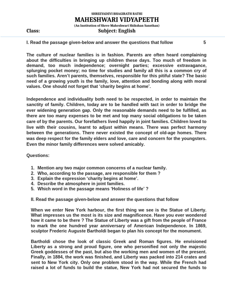 Class 8 Unseen Passage and Grammar 2 | PDF