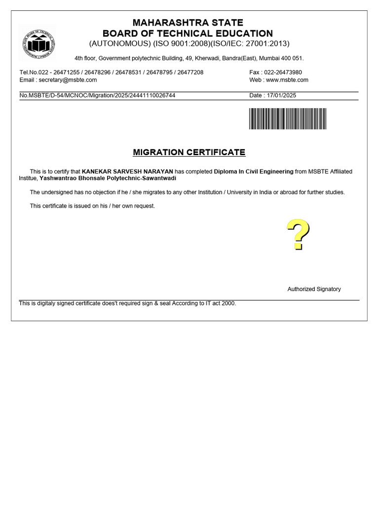 MSBTE Migration Certificate 2025 | PDF