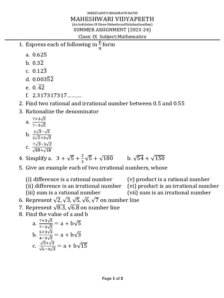 Maths Summer Vacation Assignment | PDF | Numbers | Rational Number