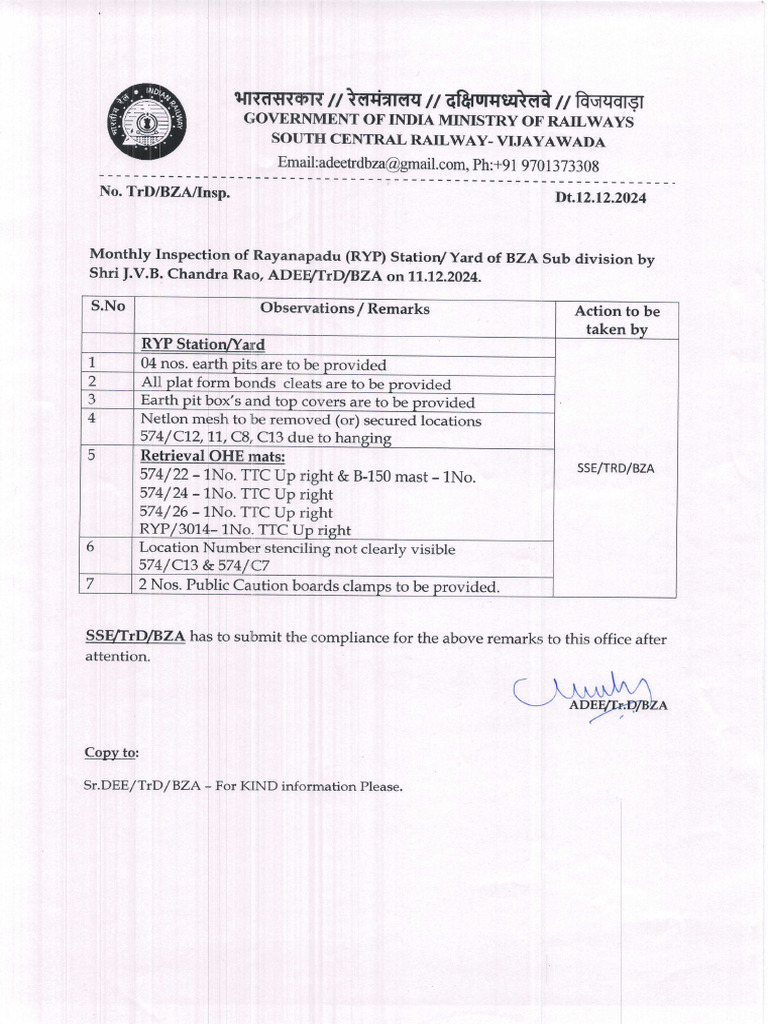 Inspection of Rayanapadu (RYP) Station On 11 12 24 | PDF