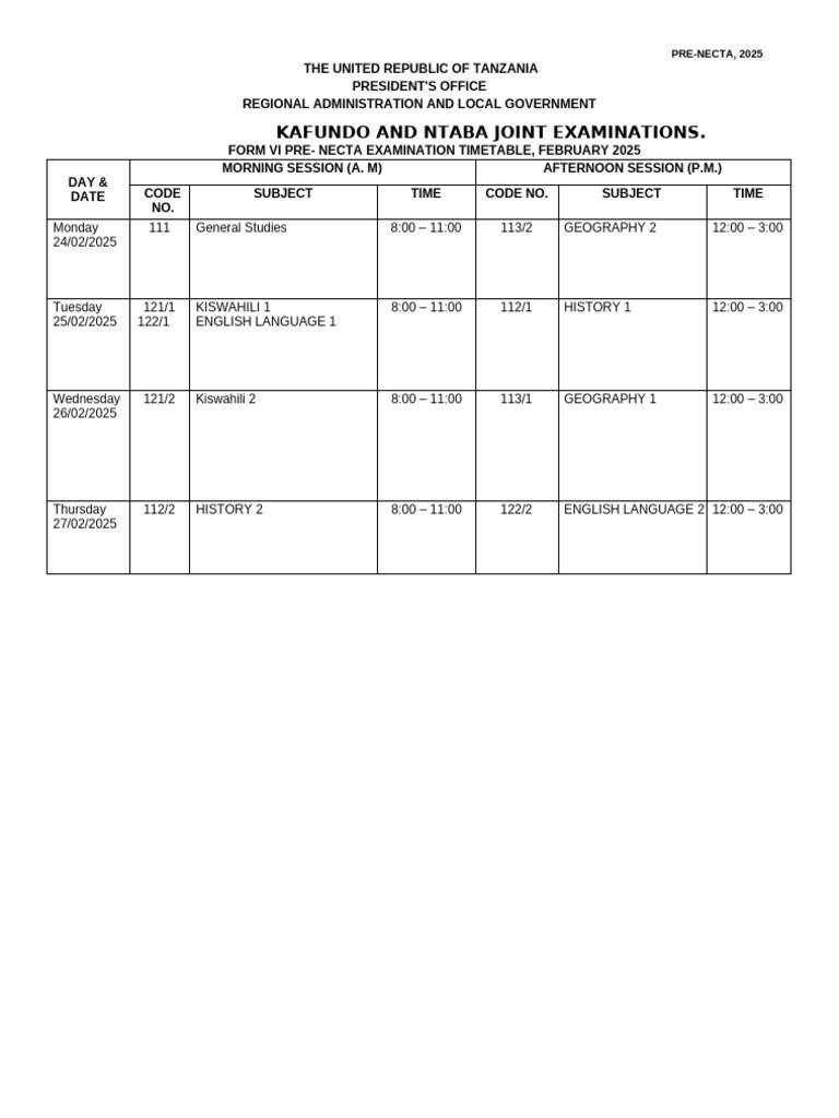 Timetable F6. Mock 2025 Mbeya - Songwe Form Vi Mock Examination | PDF