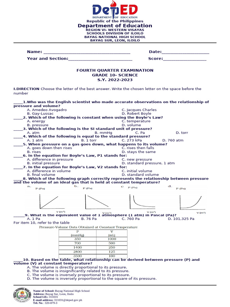Grade 10 Science Exam: Gas Laws | PDF | Macromolecules | Biomolecules
