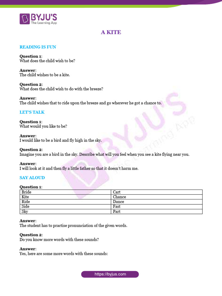 Class 1 NCERT Kite Poem Q&A | PDF