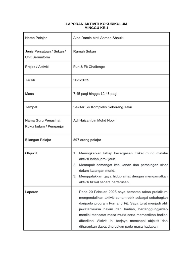 Contoh Laporan Aktiviti Kokurikulum Praktikum | PDF