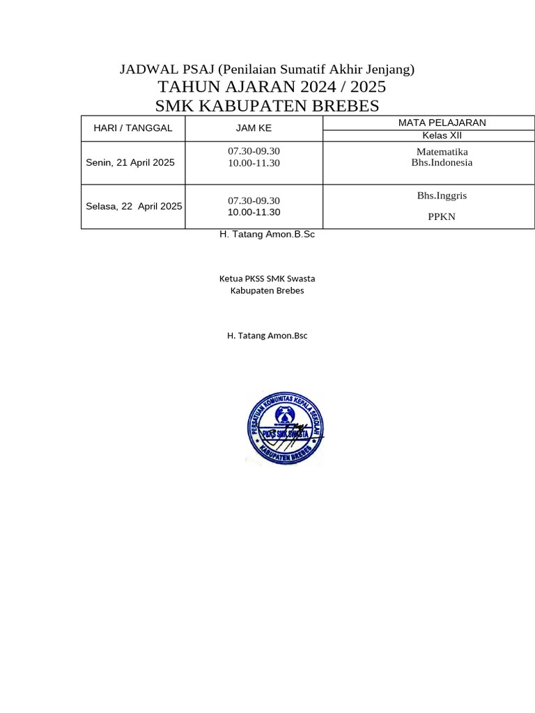 Jadwal PSAJ DAN PSAT 2024-2025 | PDF