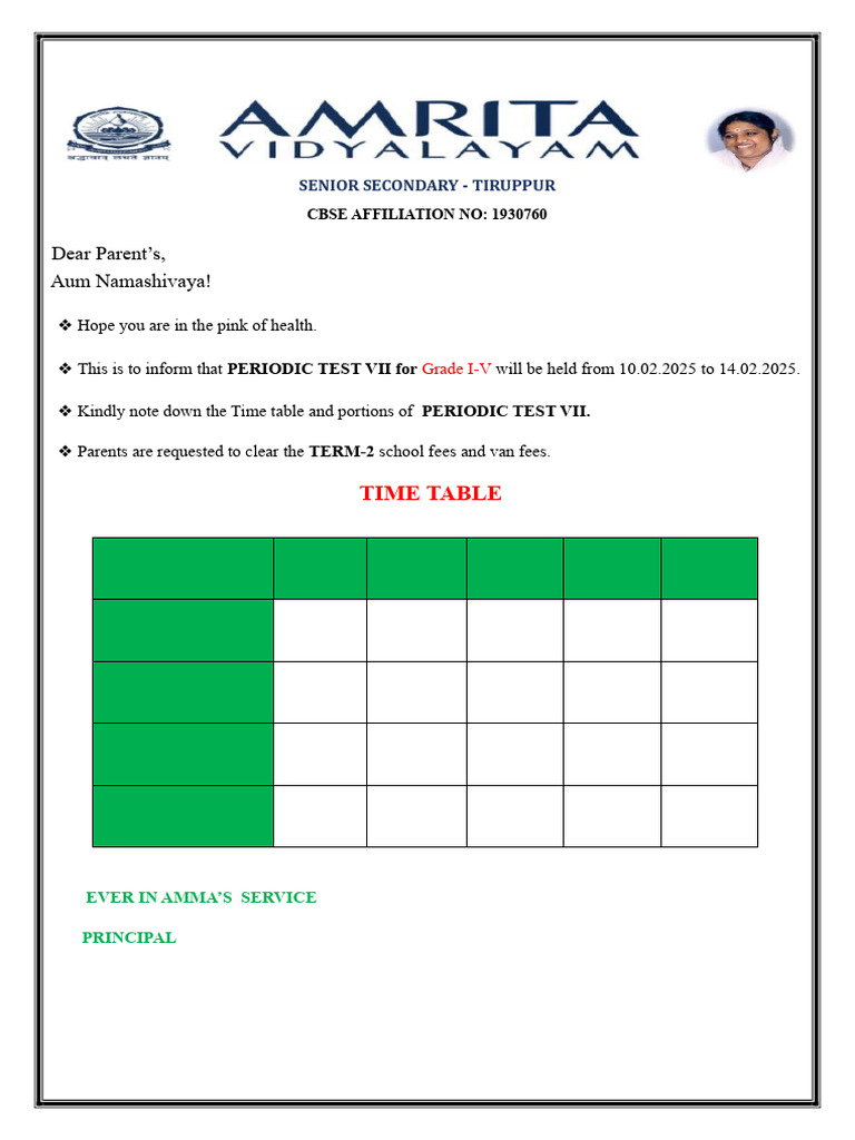 PERIODIC TEST 7 Students Time Table and Portions-1 | PDF