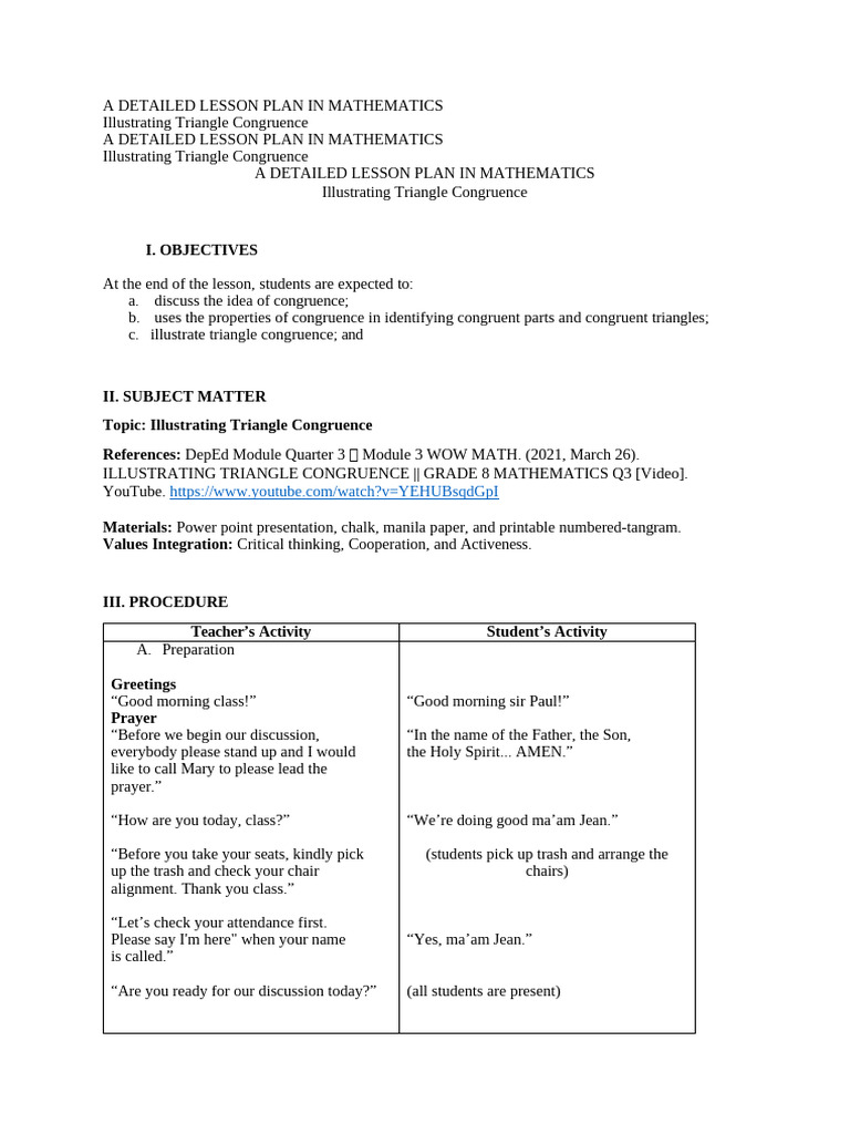Triangle Congruence Lesson Plan | PDF | Euclidean Geometry | Geometry