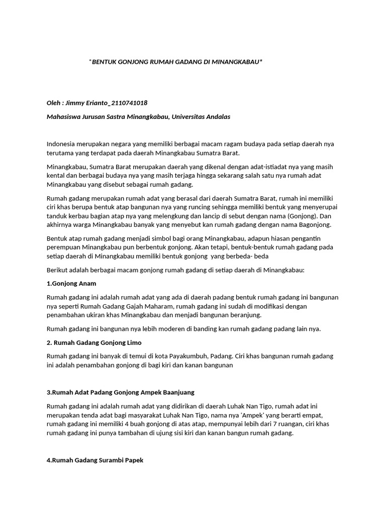 Bentuk Gonjong Rumah Gadang Di Minangkabau Artikel Jimmy Erianto | PDF