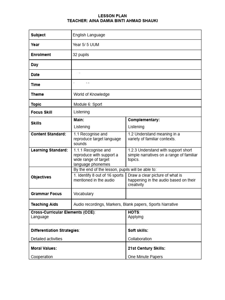 Contoh Lesson Plan Year 5 | PDF | Teachers | Linguistics
