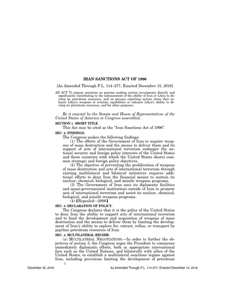 Iran Sanction Document 1996 | PDF | United States Code | Nuclear ...