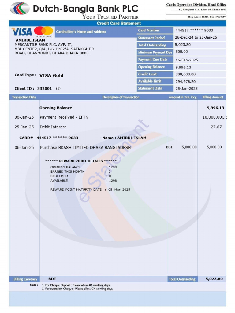 DBBL Visa Gold Card e-Statement 2025 | PDF