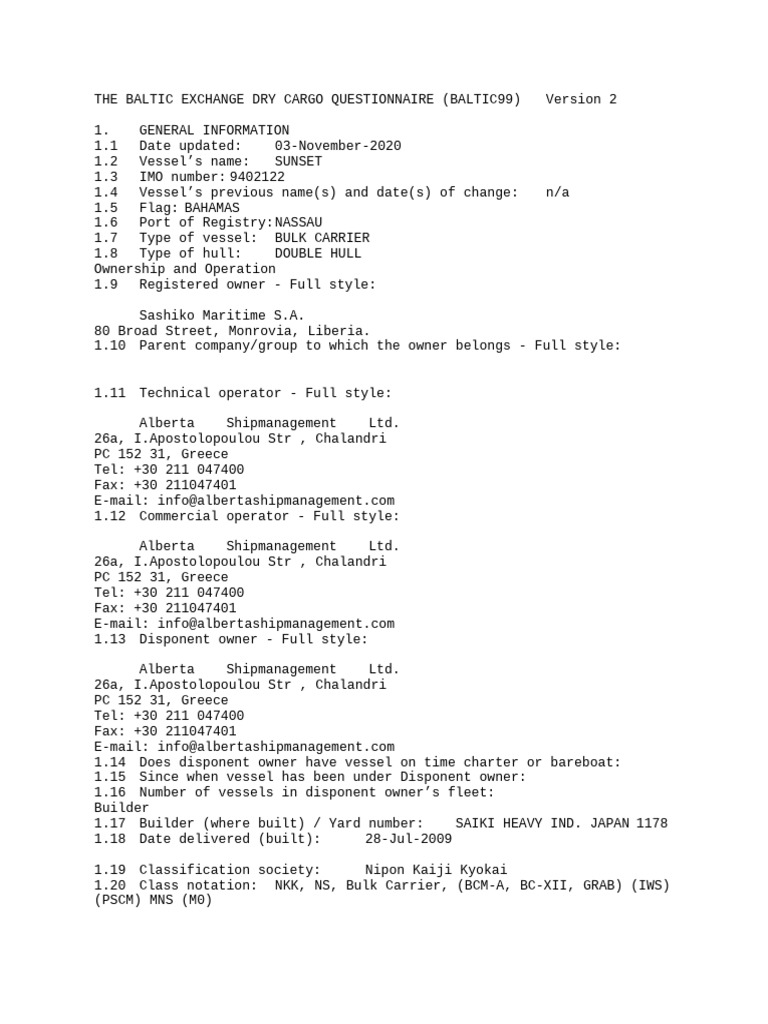 9402122 Mv Sunset | PDF | Tonnage | Crane (Machine)