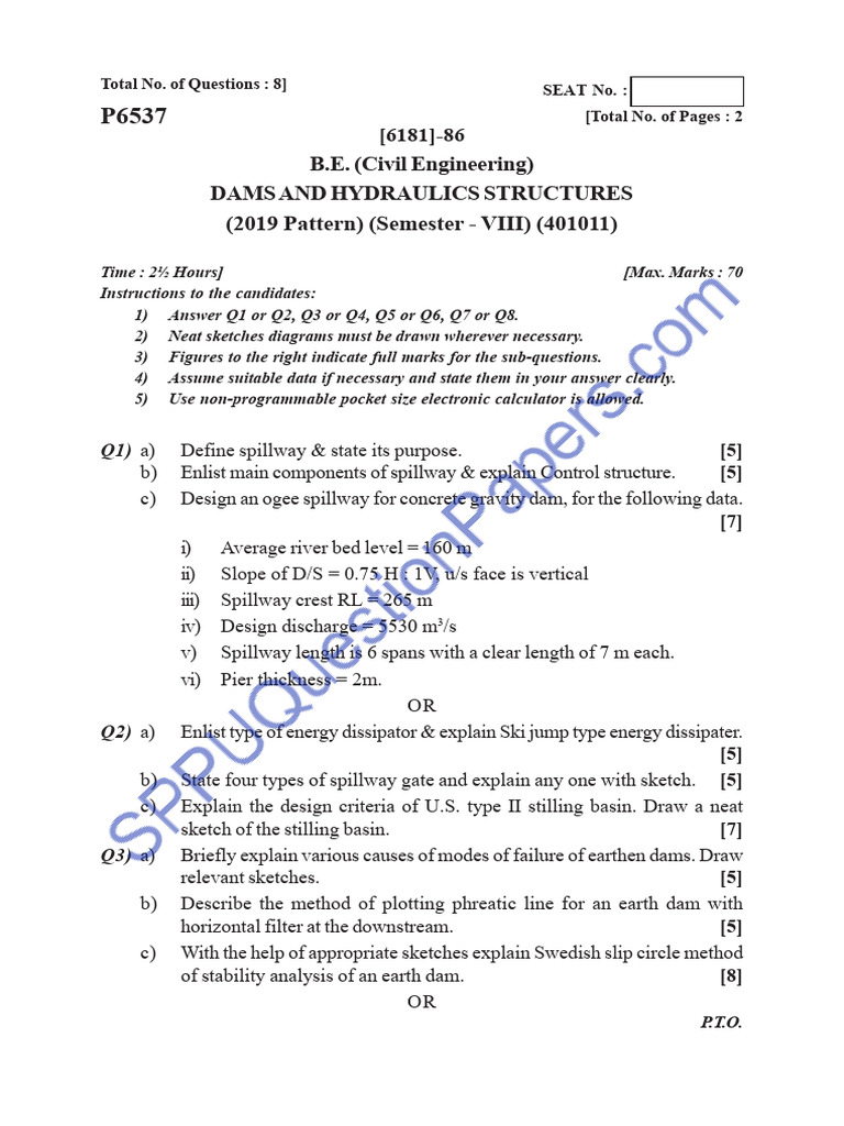 .Be Civil Engineering Semester 8 2023 November Dams and Hydraulic ...