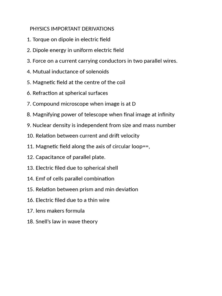 Physics Important Derivations | PDF
