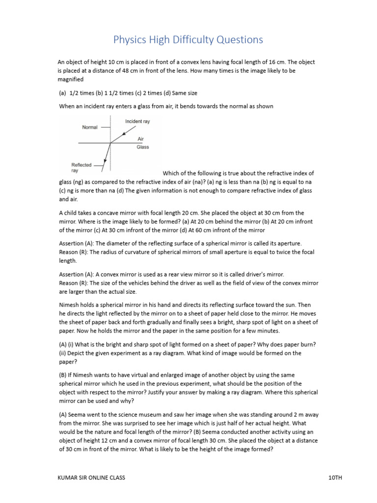 High-Level Physics Questions for 10th Grade | PDF | Mirror | Eye