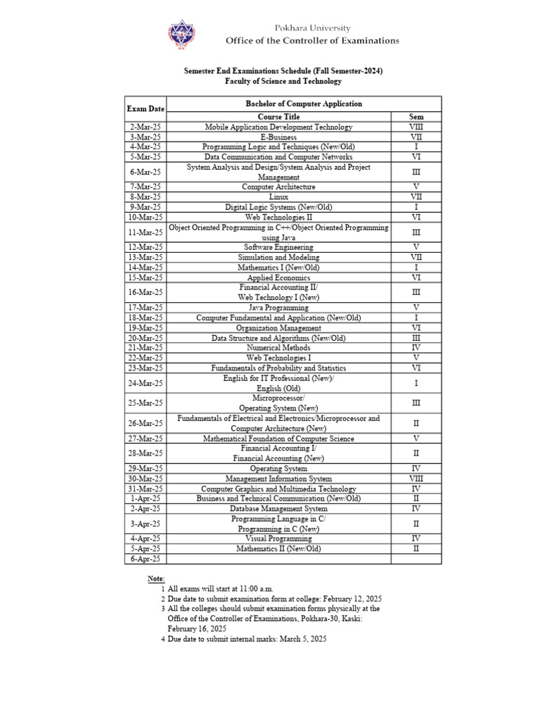 PU Final Exam Routine BCA Only | PDF | Computer Programming | Mathematics