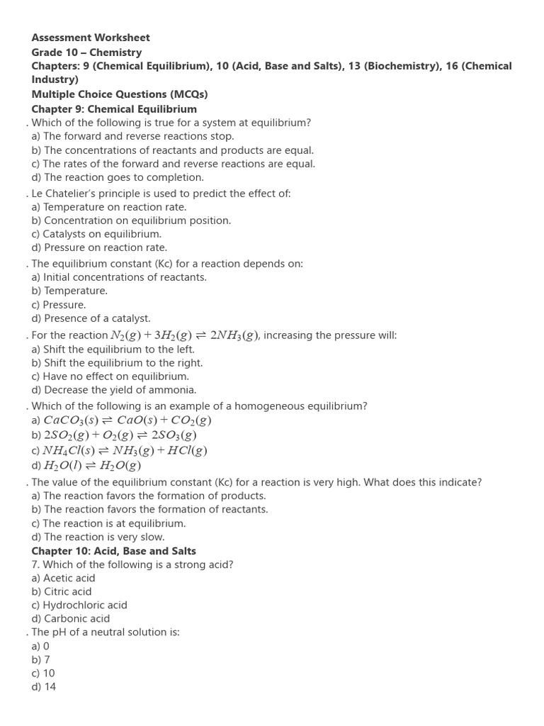 Grade 10 Chemistry Assessment Worksheet | PDF | Acid | Chemical Equilibrium