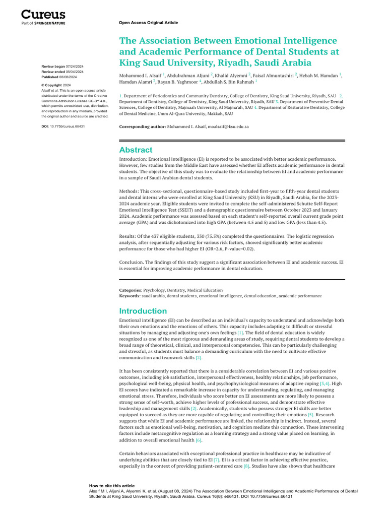 The Association Between Emotional Intelligence | PDF | Emotional Intelligence | Behavioural Sciences