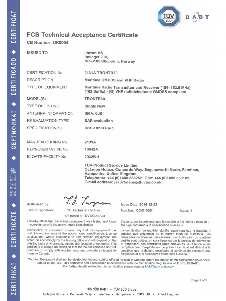 Certificate FCB Technical Acceptance Tron TR30 | PDF