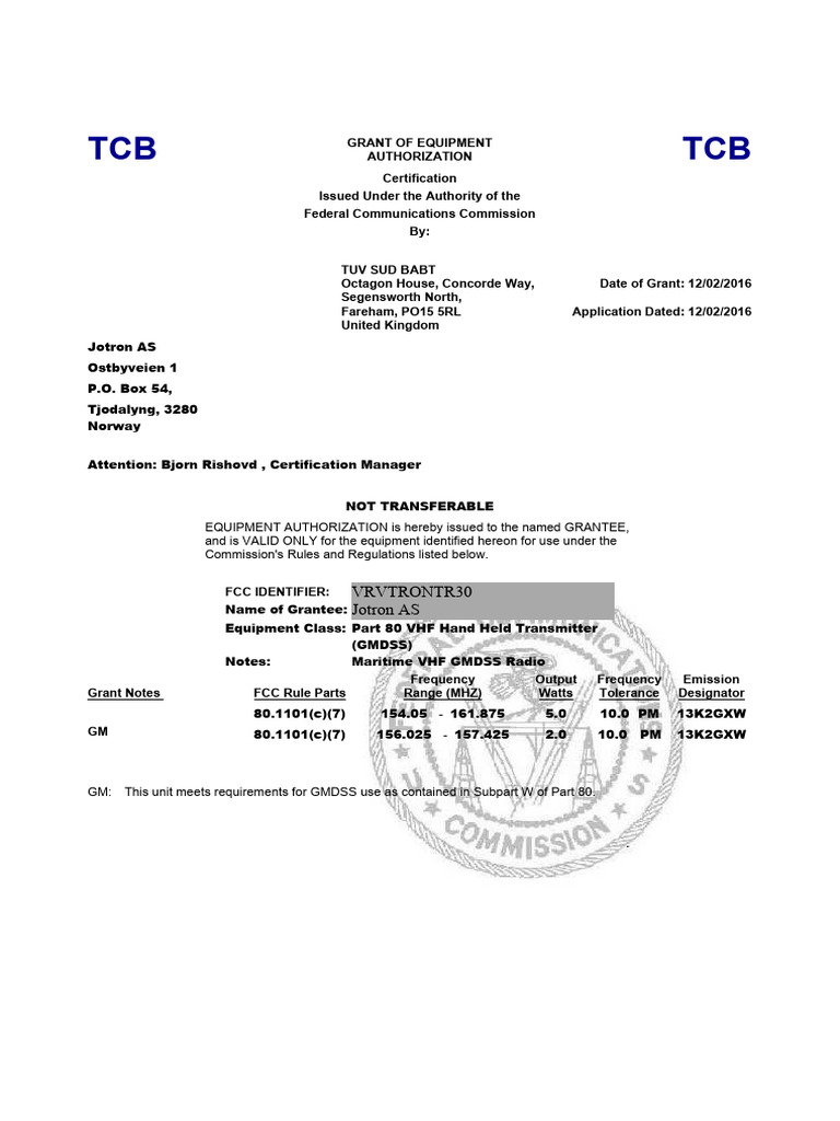 Certificate Federal Communications Commission FFC Tron TR30 | PDF