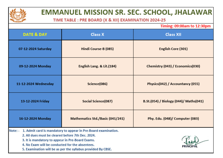 Pre Board 1 Time Table 2024-25 | PDF