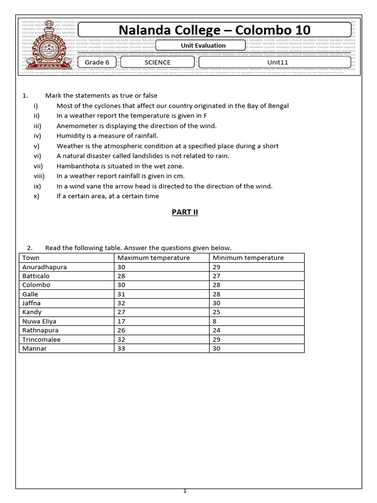 Nalanda College Grade 6 Science Unit | PDF | Rain | Natural Hazards
