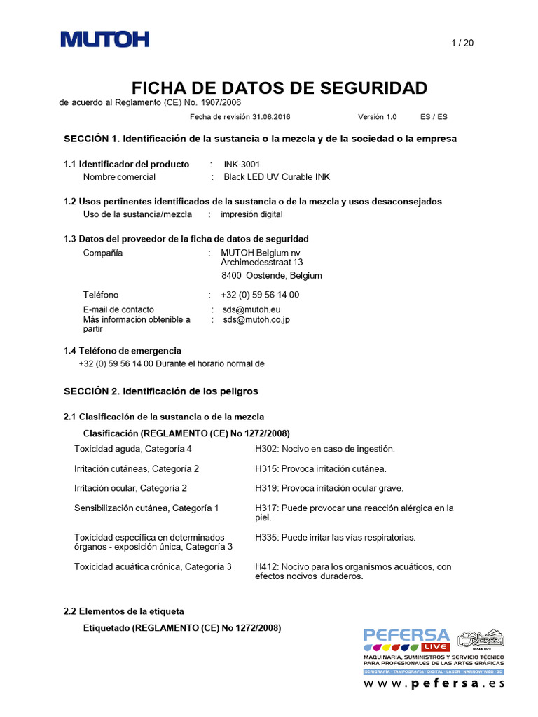MSDS - Tinta UV-Led - VJ-US11-BK220E (INK3001) | PDF