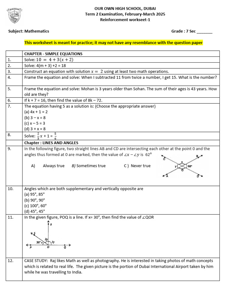 Term-2 Math Reinforcement worksheet 1 | PDF | Angle | Mathematics