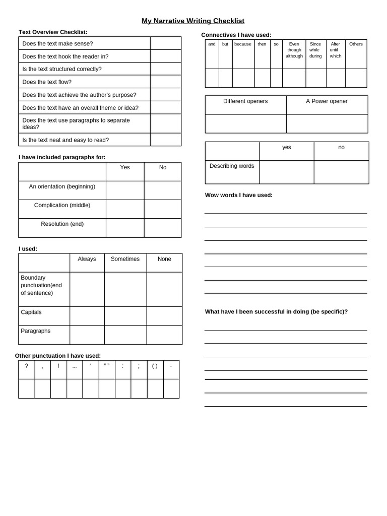 Week 10 - Narrative Writing Checklist - VCOP | PDF