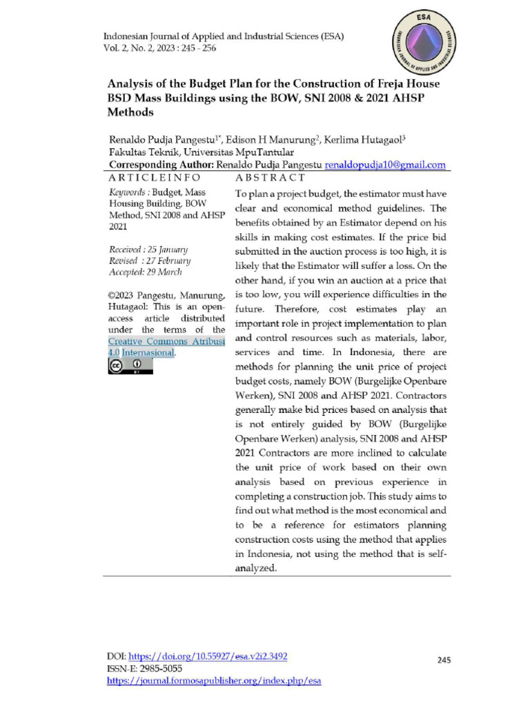 Analysis of the Budget Plan for the Construction of Freja House BSD ...
