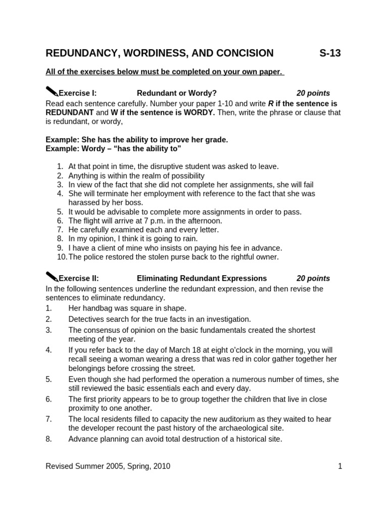 Redundancy Assignments - Revised - 2010 | PDF | Sentence (Linguistics)