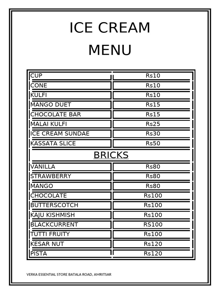 Ice Cream Menu at Verka Store Amritsar | PDF