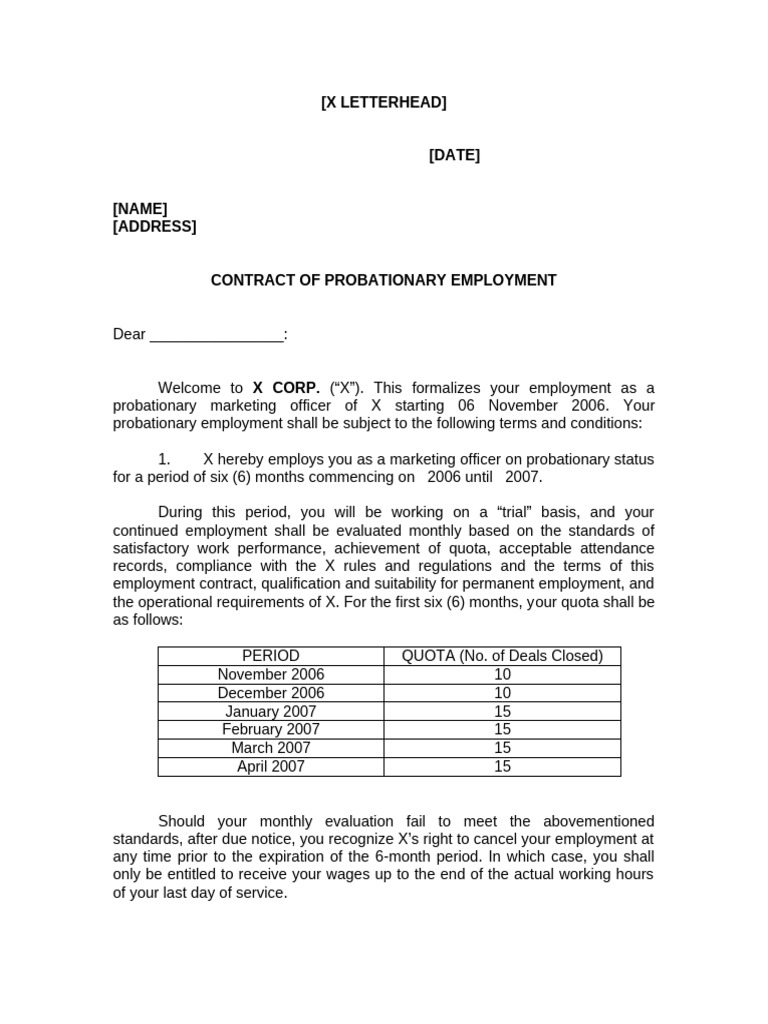 Probationary Employment Contract Template | PDF | Employment | Common Law
