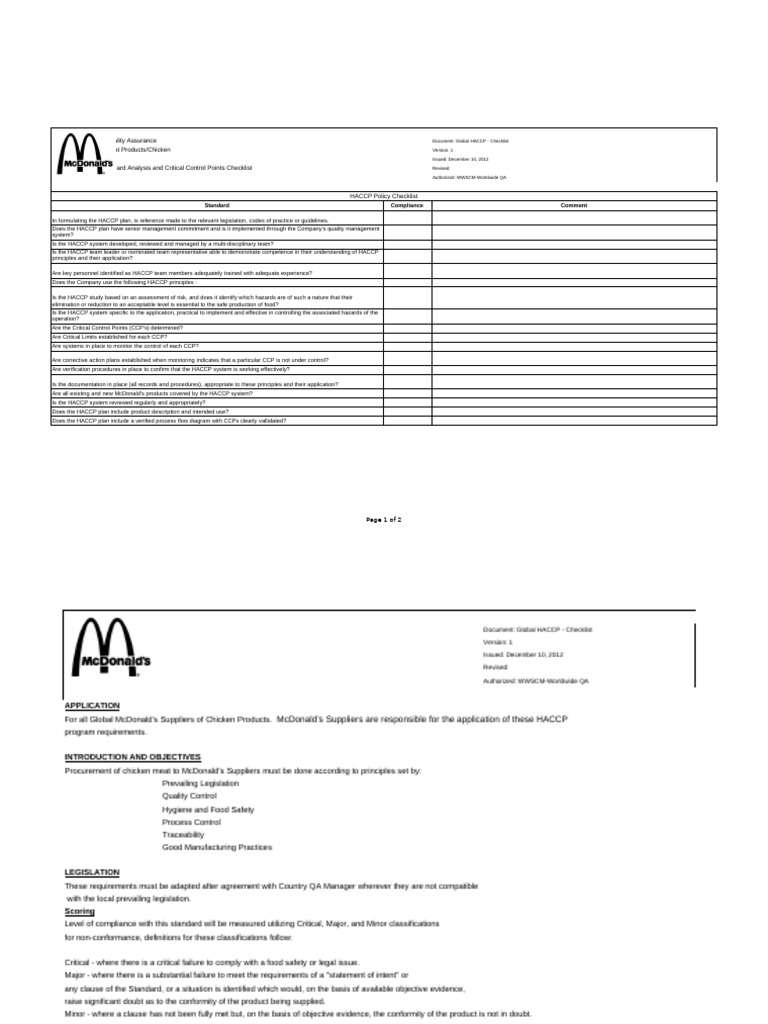 HACCP Checklist for Chicken Suppliers | PDF | Hazard Analysis And ...