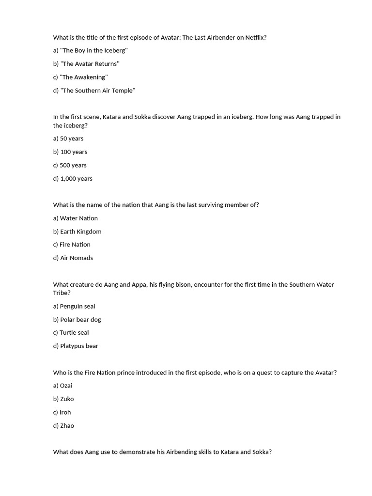 Avatar: The Last Airbender Episode 1 Quiz | PDF
