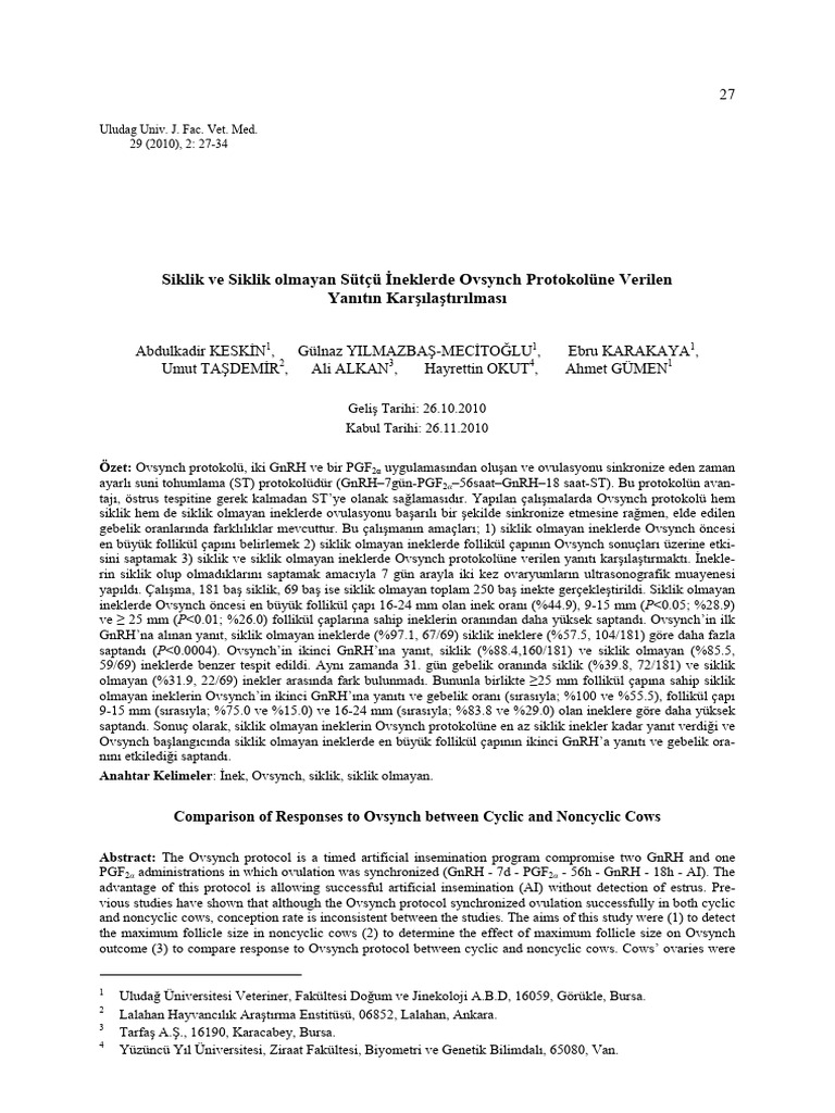 Siklik Ve Siklik Olmayan S t Neklerde Ovsynch Protokol Ne Verilen Yan t n Kar La t r Lmas ...