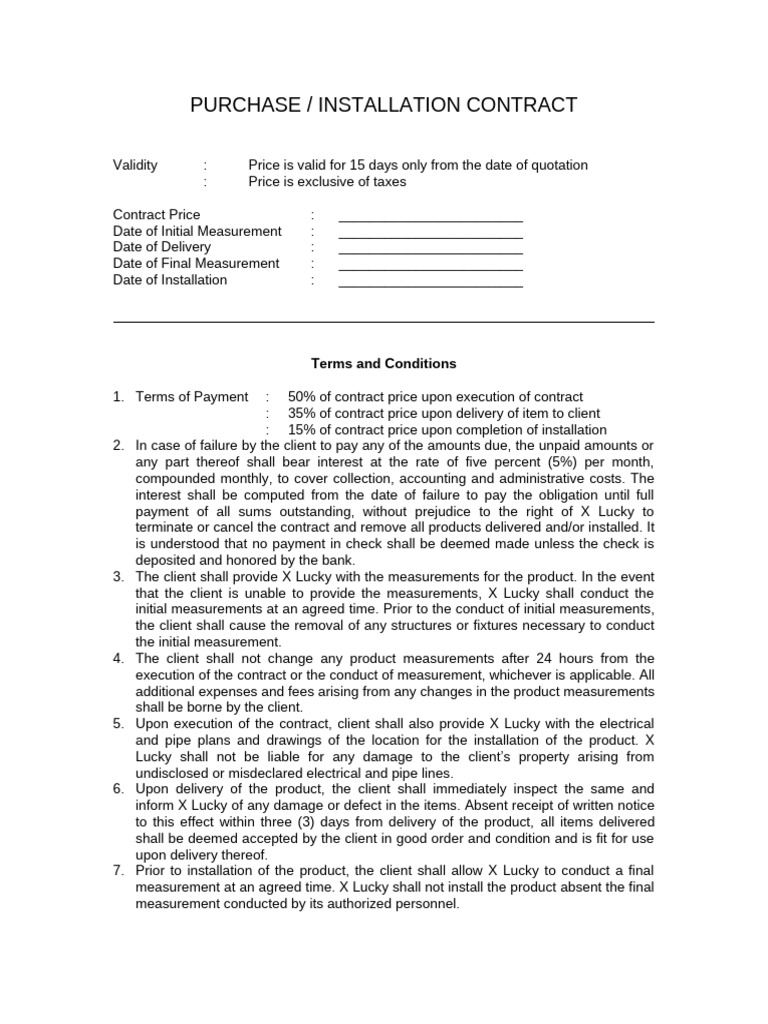 Purchase Installation Contract Sample | PDF | Payments | Prices