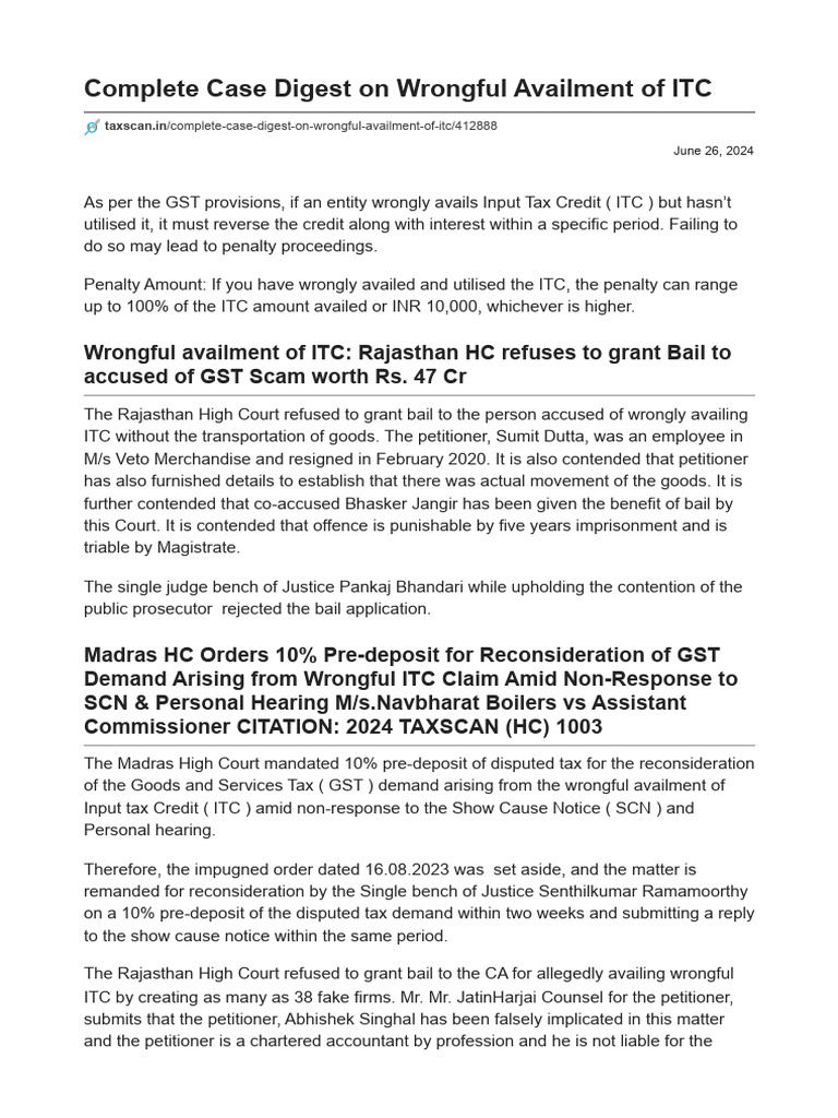 Complete Case Digest On Wrongful Availment of ITC | PDF | Bail | Common Law