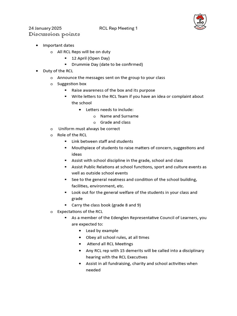 RCL Reps Meeting Discussion Points | PDF | Mentorship | Social Psychology